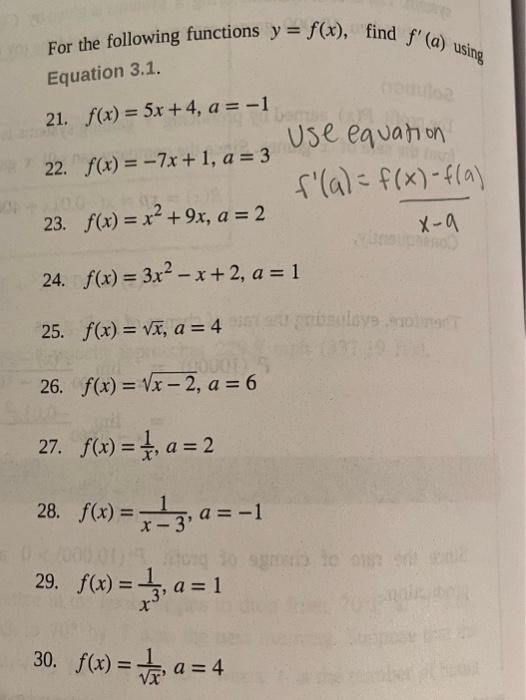 Solved For the following functions y=f(x), find f′(a) using | Chegg.com