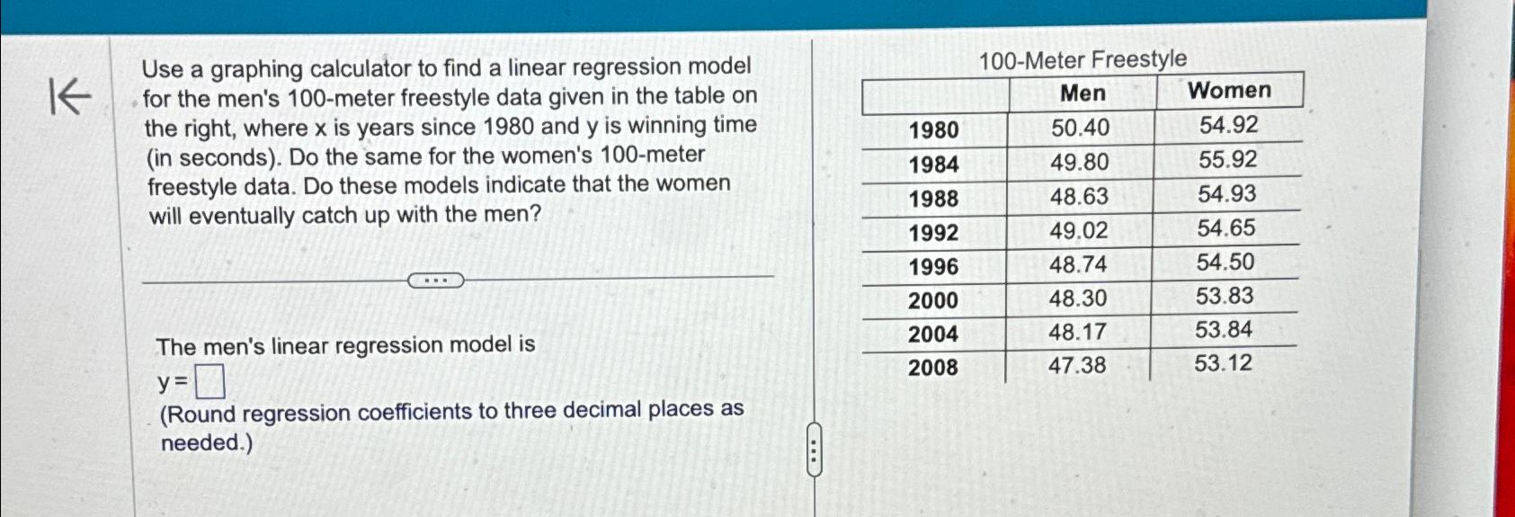 Solved Use a graphing calculator to find a linear regression | Chegg.com