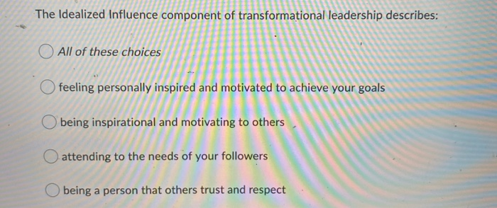 Solved The Idealized Influence component of transformational | Chegg.com