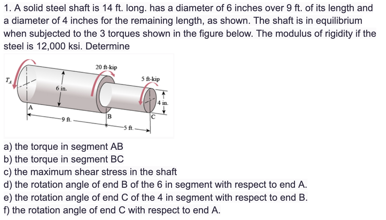 1. ﻿A solid steel shaft is 14 ﻿ft . ﻿long. has a | Chegg.com