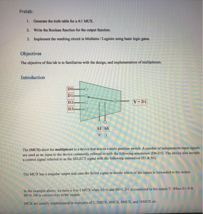 Solved Prelab 1 Generate The Truth Table For A 41 Mux 2 2491