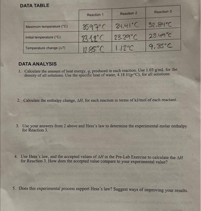 Solved DATA ANALYSIS 1. Calculate the amount of heat energy, | Chegg.com
