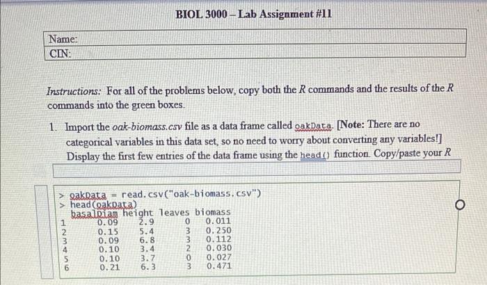 BIOL 3000 - Lab Assignment #11 Name: CIN: | Chegg.com