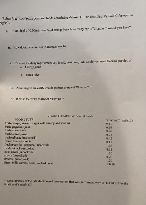 Solved ANALYSIS OF VITAMIN C CONTAINED IN FOODS Vitamin C, | Chegg.com