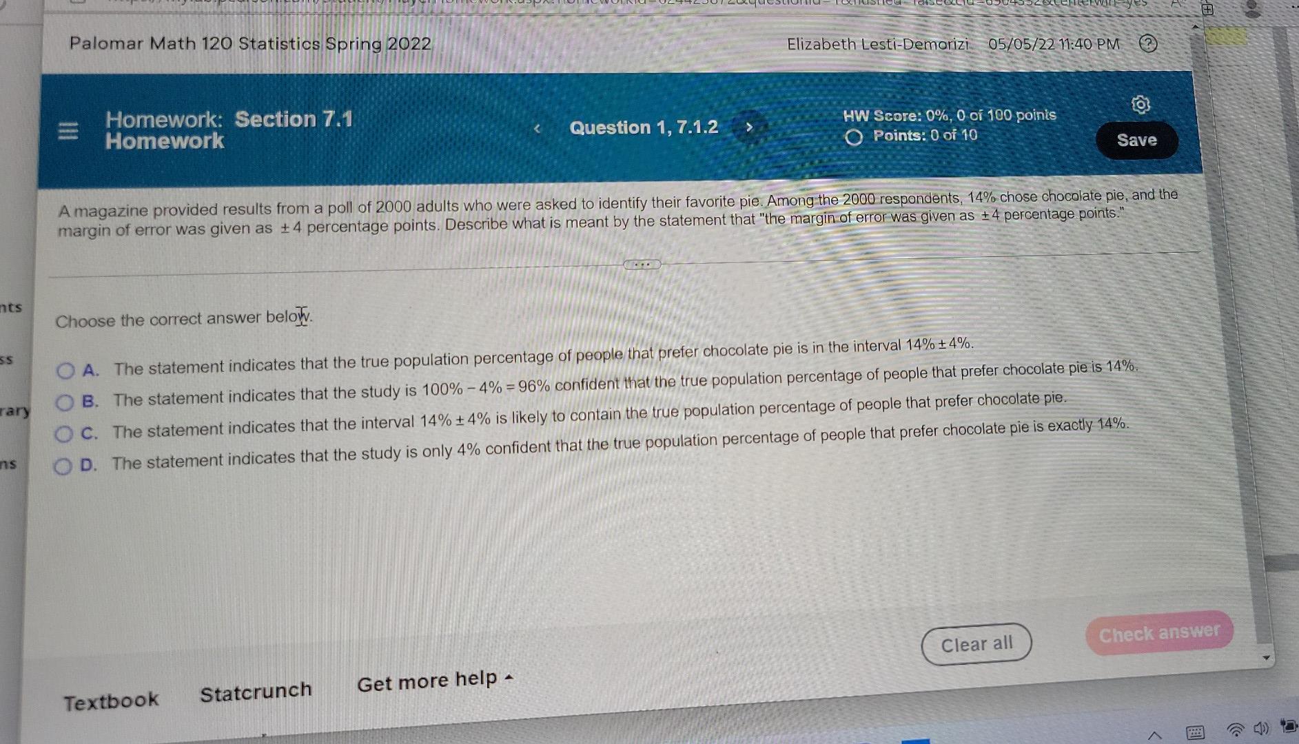 Solved Palomar Math 120 Statistics Spring 2022 Elizabeth | Chegg.com