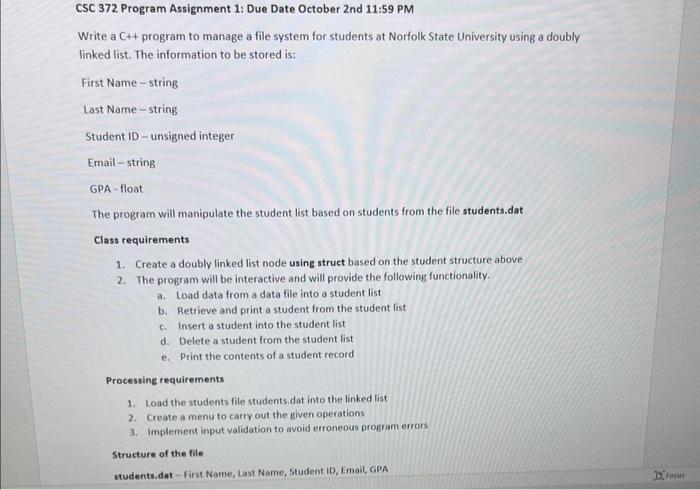 Solved CSC 372 Program Assignment 1: Due Date October 2nd | Chegg.com