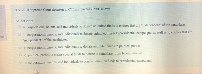 Solved The 2010 Supreme Court decision in Citizens United v | Chegg.com
