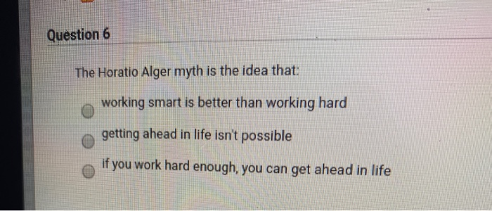 Solved Question 6 The Horatio Alger myth is the idea that: | Chegg.com
