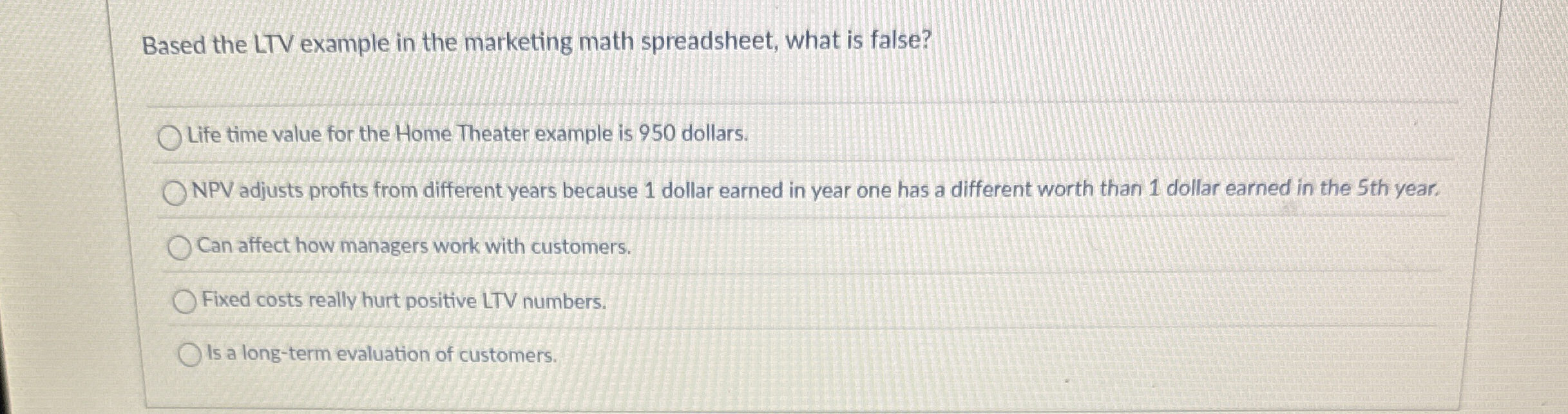 Solved Based the LTV example in the marketing math | Chegg.com