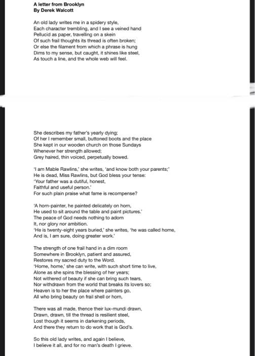 Solved A letter from Brooklyn By Derek Walcott An old lady | Chegg.com
