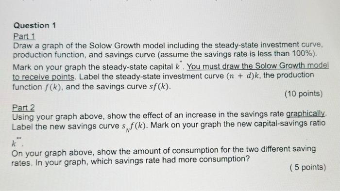 Solved Question 1 Part 1 Draw a graph of the Solow Growth | Chegg.com