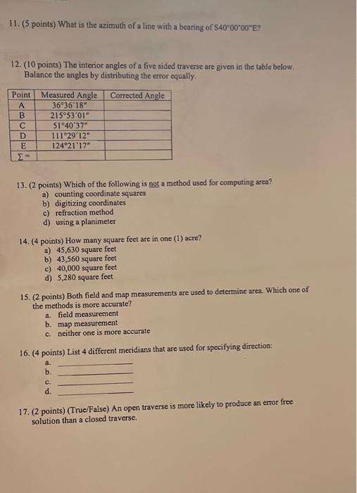 Solved 11. (5 points) What is the azimuth of a line with a | Chegg.com