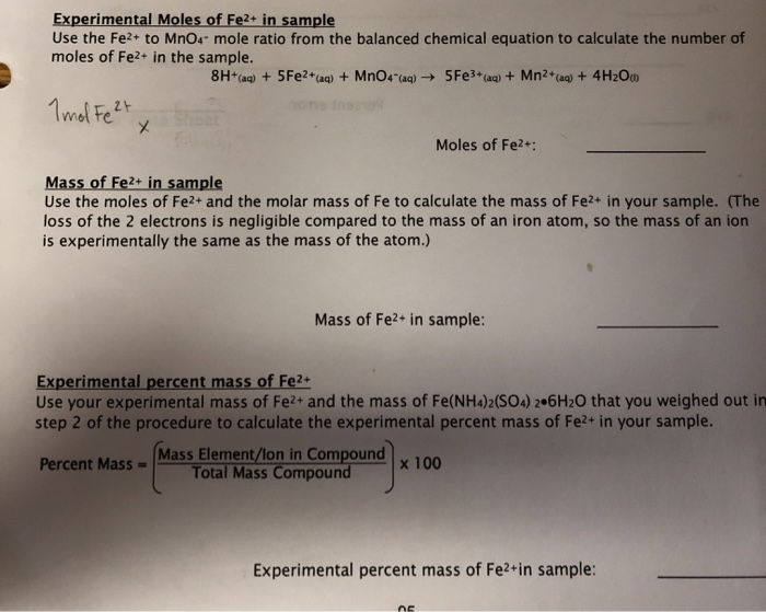 Solved Experimental Moles of Fe2+ in sample Use the Fe2+ to | Chegg.com