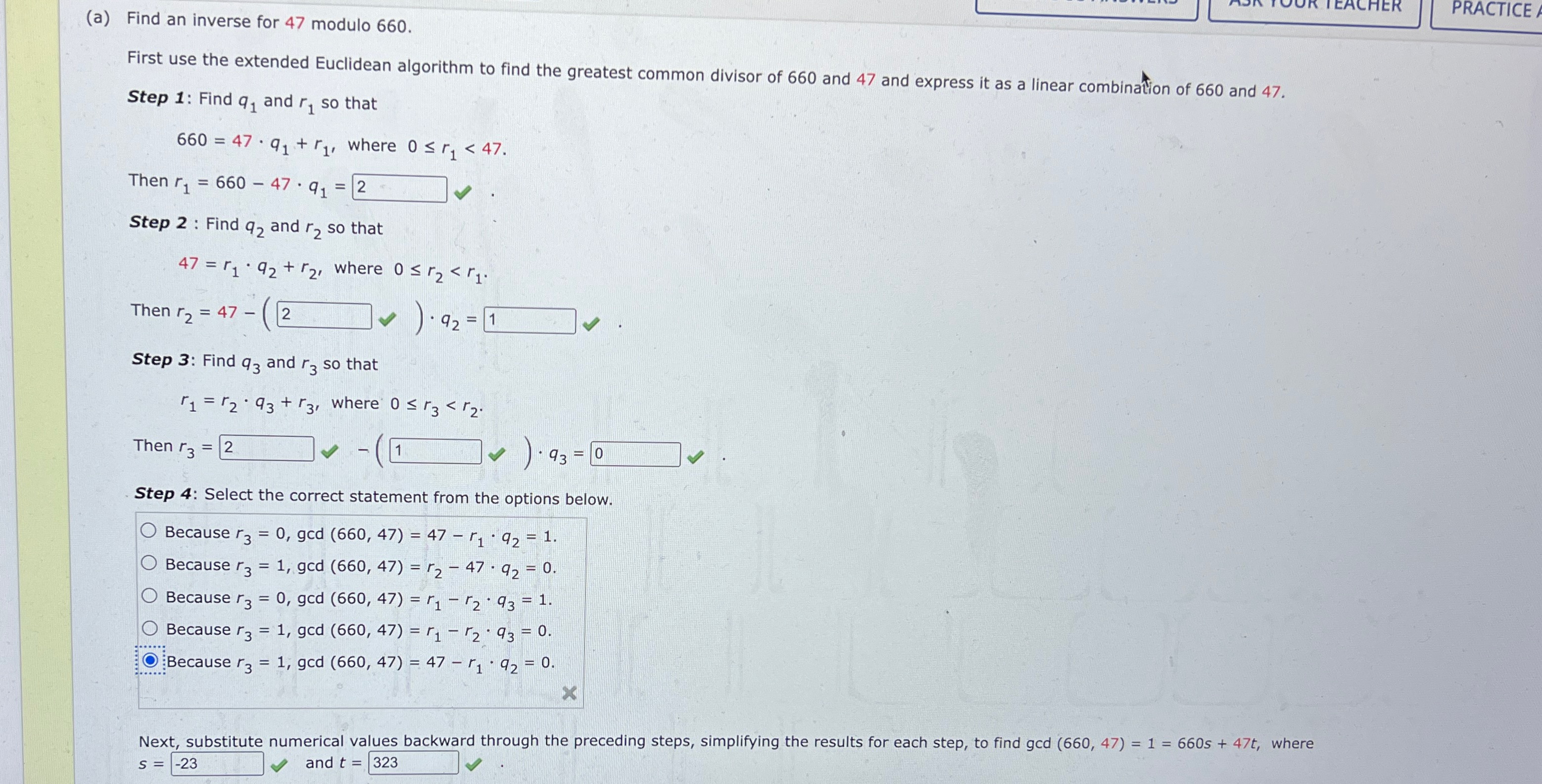 Solved (a) ﻿Find an inverse for 47 ﻿modulo 660 .First use | Chegg.com