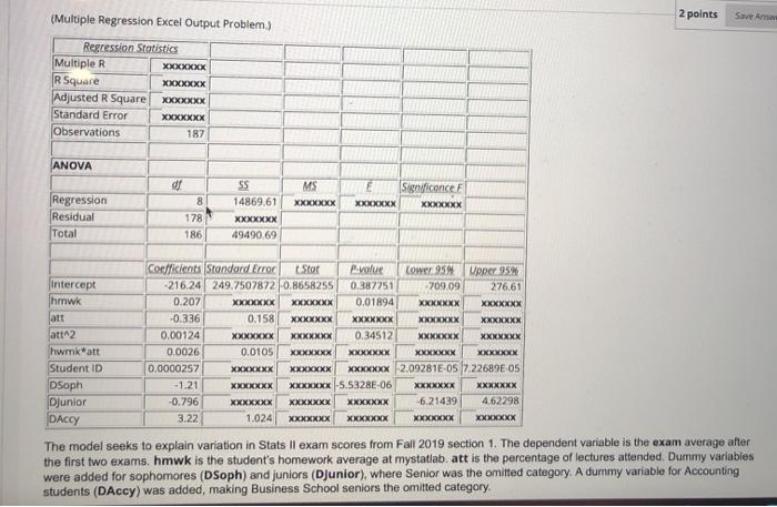 Solved Multiple Regression Excel Output Problem 2 Points 