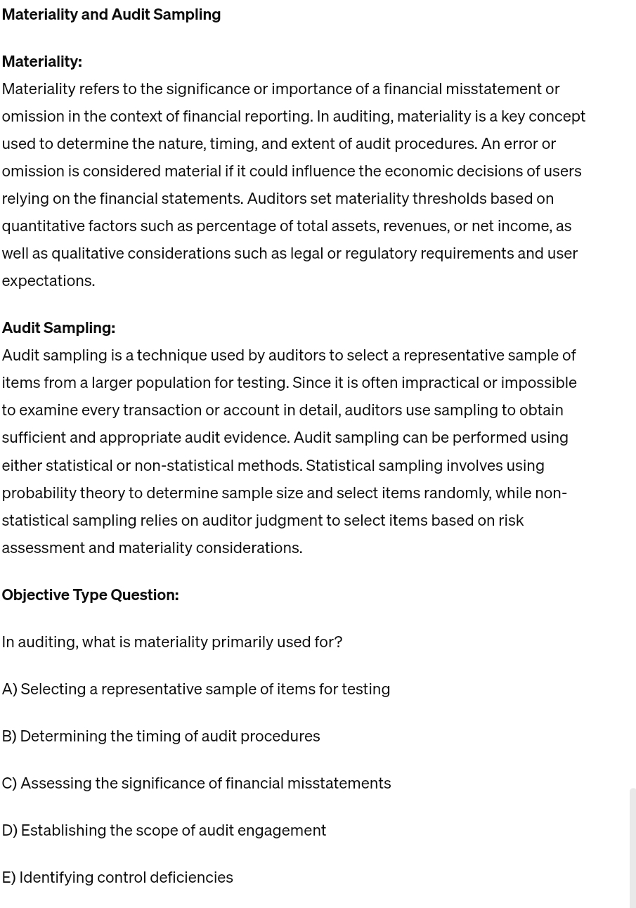 Solved Materiality and Audit SamplingMateriality:Materiality | Chegg.com