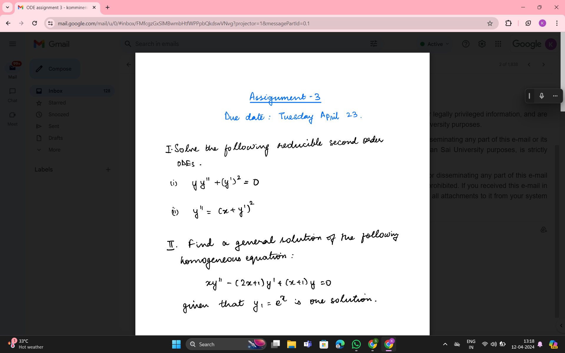Solved I. Solve the following reducible second | Chegg.com