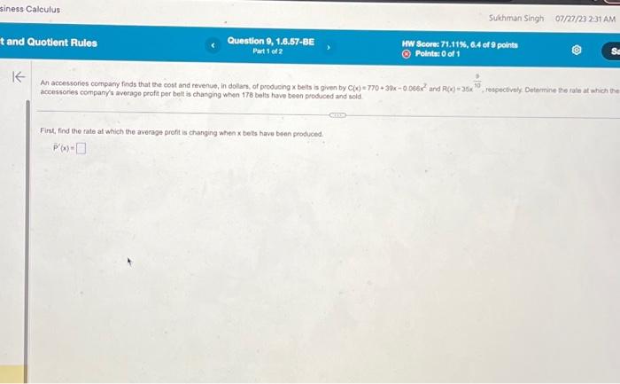 Solved siness Calculus t and Quotient Rules Question 9, | Chegg.com