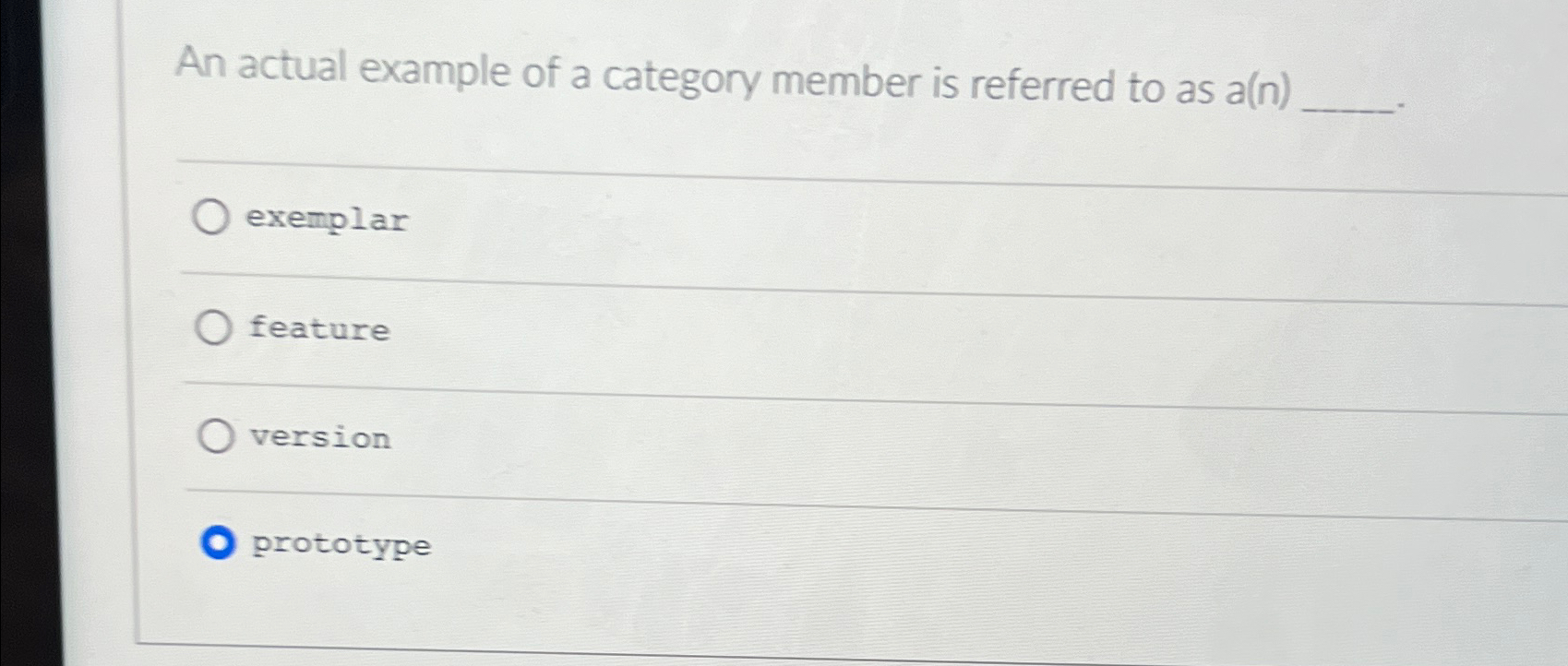 Solved An actual example of a category member is referred to | Chegg.com