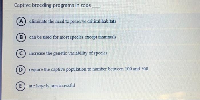 Solved Captive breeding programs in zoos A eliminate the | Chegg.com
