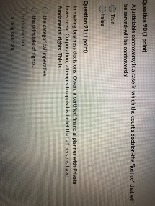 Solved Question 90 (1 point) A justiciable controversy is a | Chegg.com
