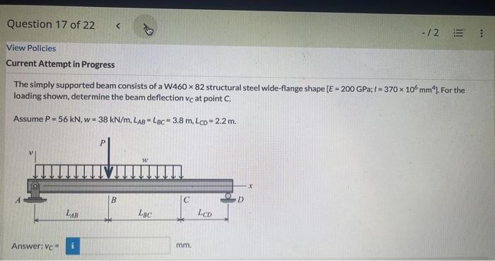 Solved The simply supported beam consists of a W460 ×82 | Chegg.com