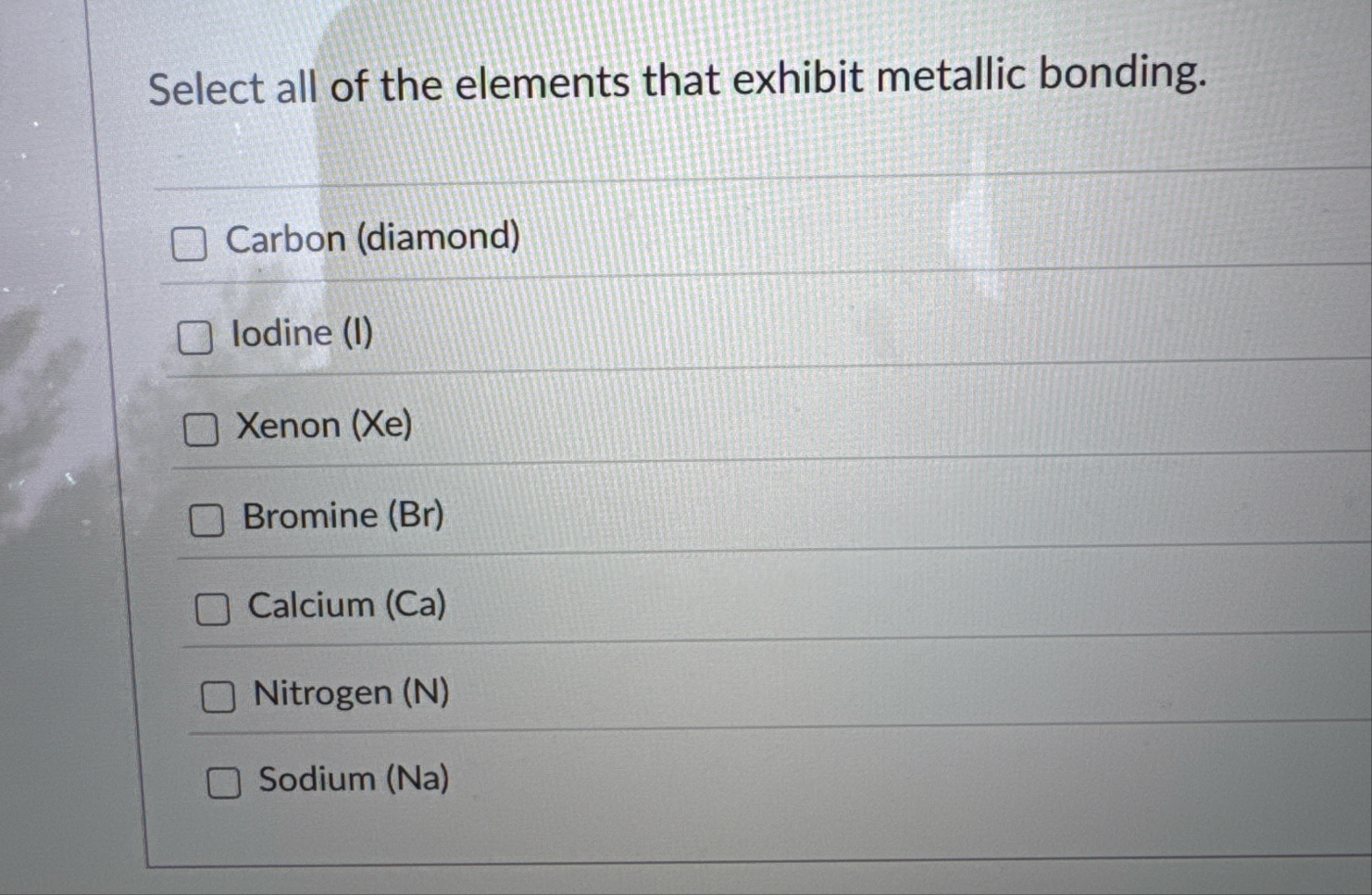 Solved Select all of the elements that exhibit metallic | Chegg.com