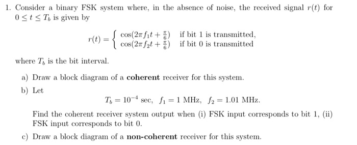Solved 1. Consider a binary FSK system where, in the absence | Chegg.com