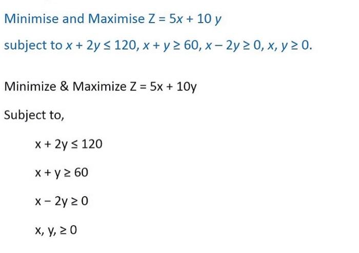 Solved Minimise and Maximise Z=5x+10y subject to | Chegg.com
