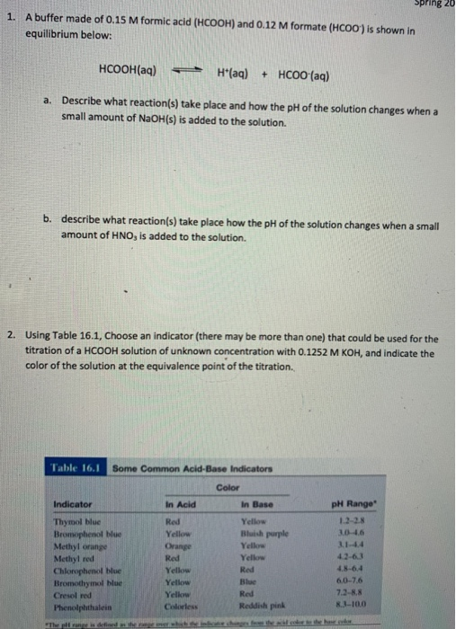 Solved Spring 20 1. A buffer made of 0.15 M formic acid | Chegg.com