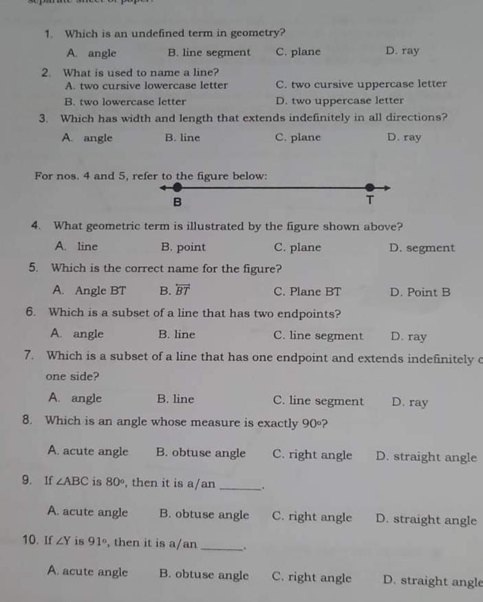 Solved 1. Which is an undefined term in geometry? A. angle | Chegg.com