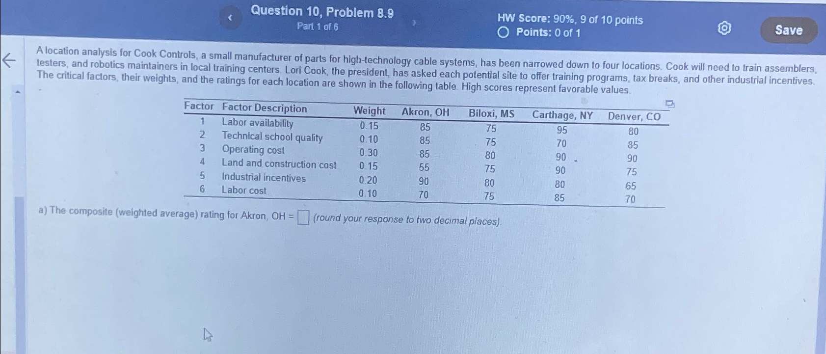 Solved Question 10, ﻿Problem 8.9Part 1 ﻿of 6HW Score: 90%,9 | Chegg.com
