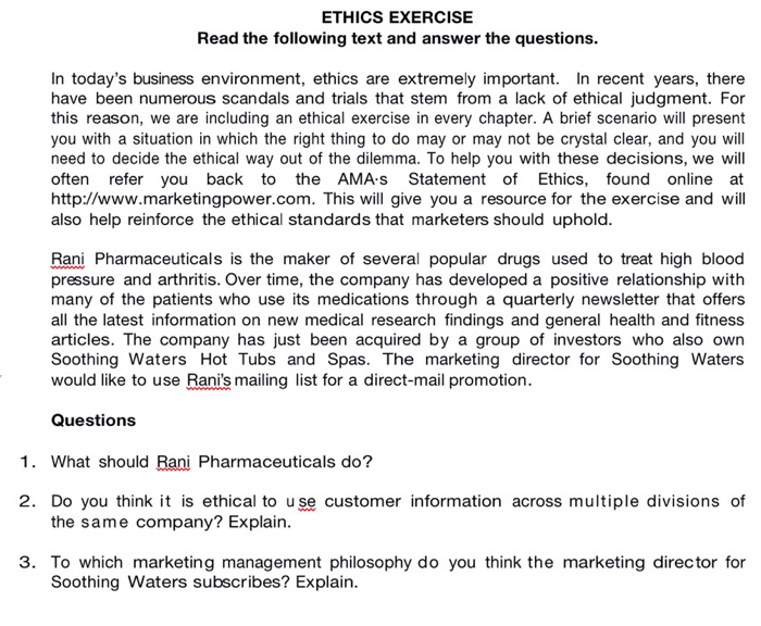 Solved ETHICS EXERCISE Read the following text and answer | Chegg.com