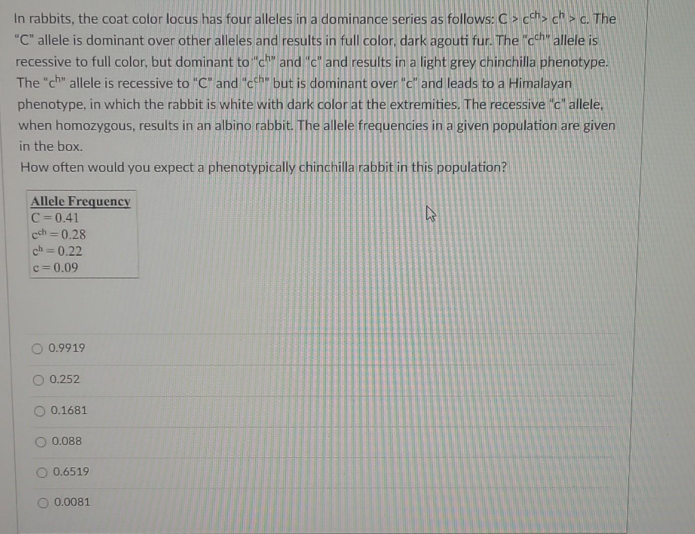 Solved In rabbits, the coat color locus has four alleles in | Chegg.com