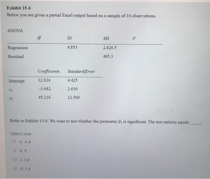 Solved Exhibit 15-6 Below you are given a partial Excel | Chegg.com