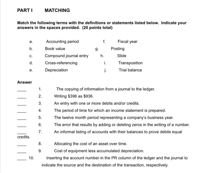 Solved PARTI MATCHING Match the following terms with the | Chegg.com