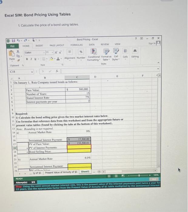 Solved Excel SIM: Bond Pricing Using Tables 1. Calculate the | Chegg.com