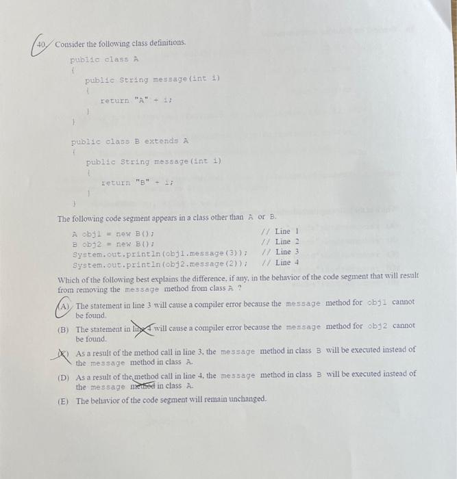 Solved (40 40 Consider the following class definitions. | Chegg.com