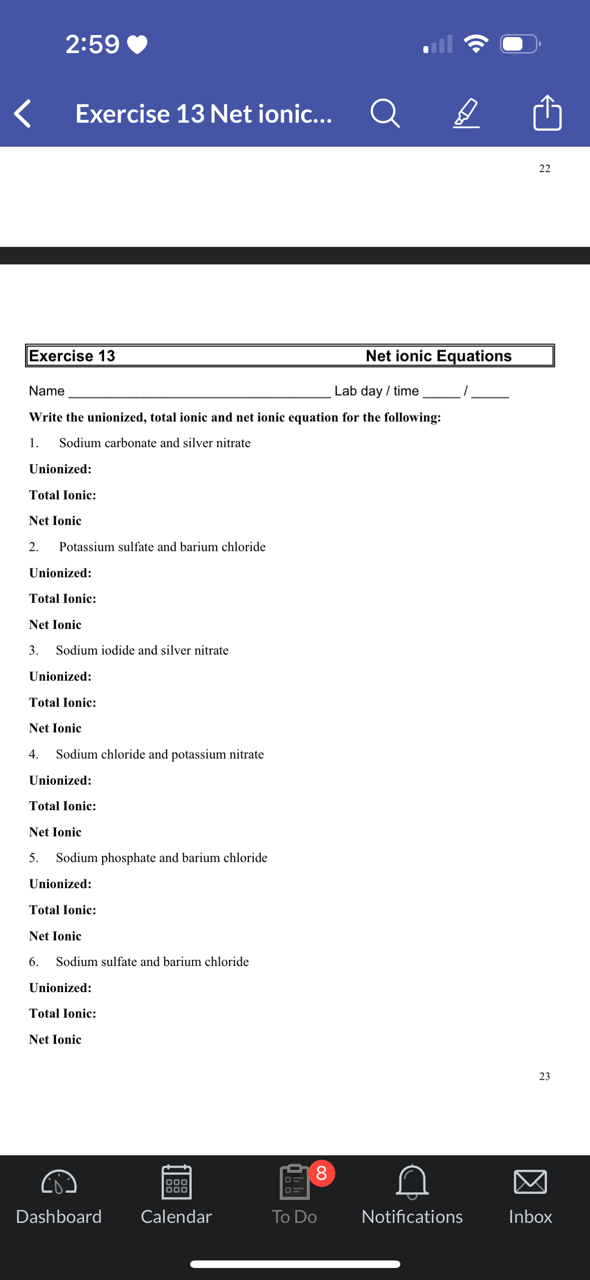 Solved 2:59 0Exercise 13 ﻿Net ionic...22Exercise 13Name Lab | Chegg.com