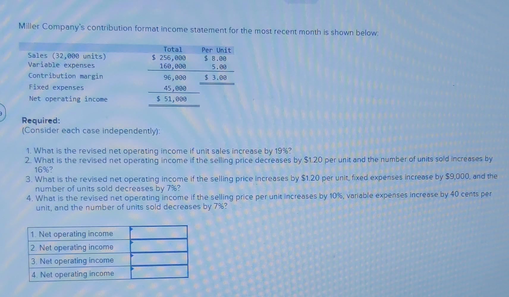Solved Miller Companys Contribution Format Income Statement