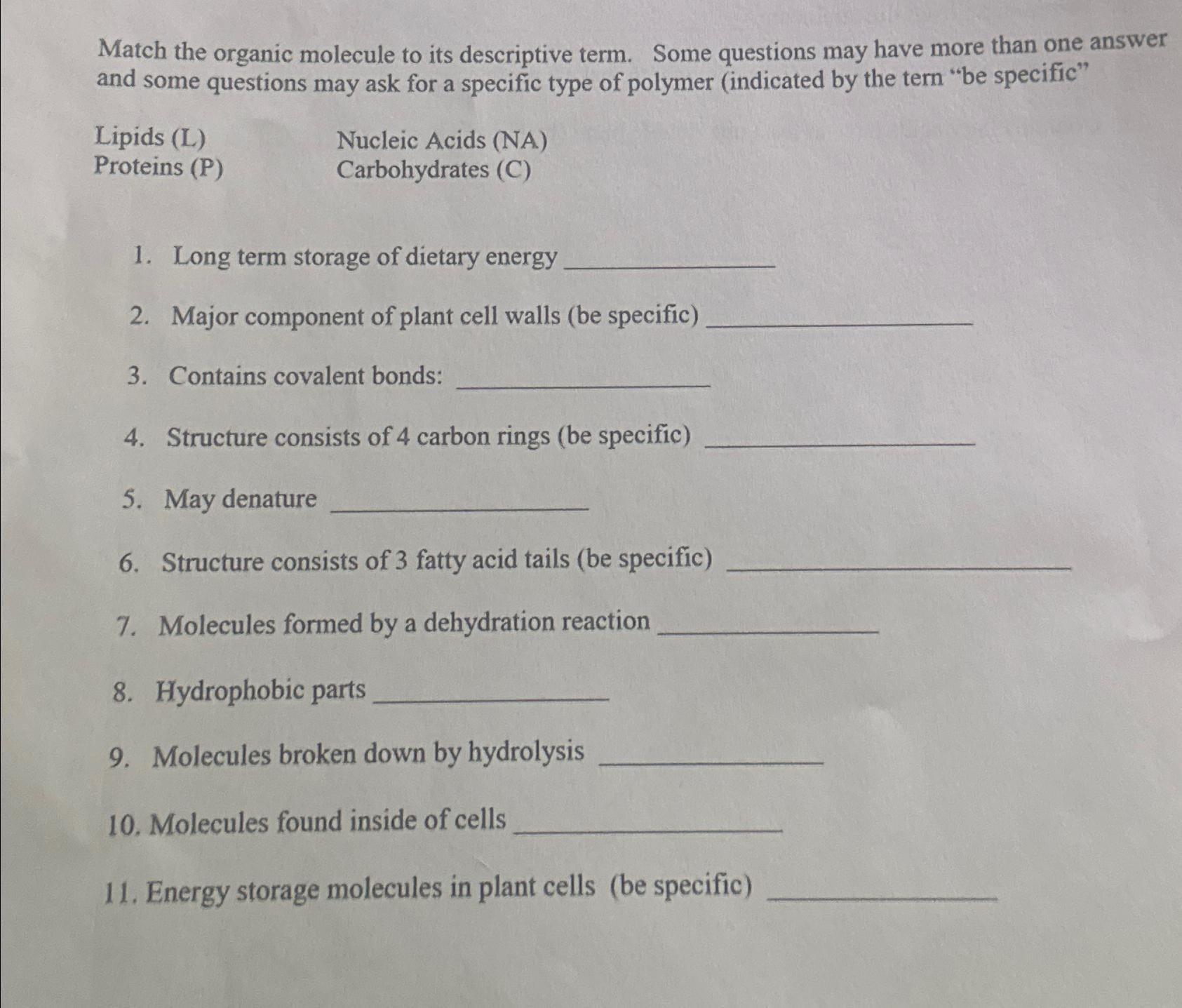 Solved Match the organic molecule to its descriptive term. | Chegg.com