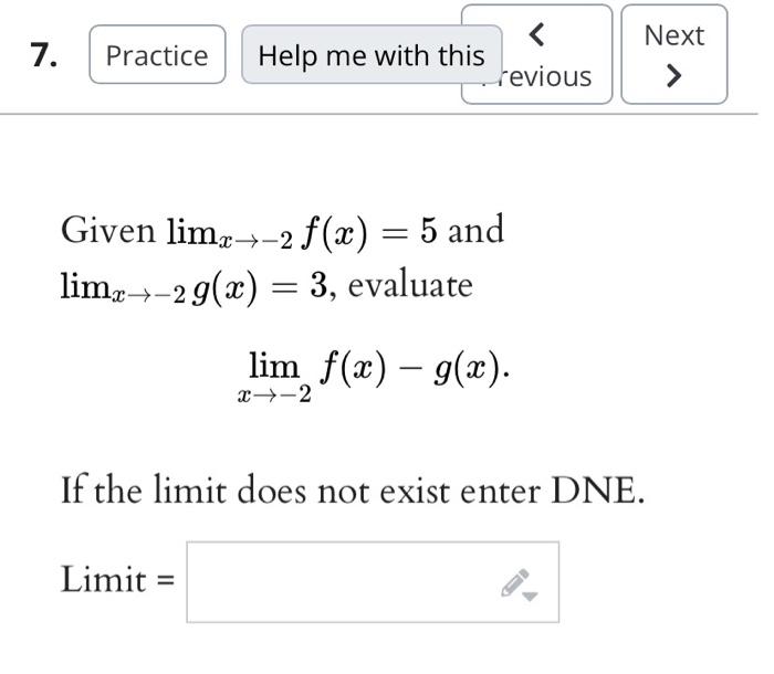 Solved Given limx→−2f(x)=5 and limx→−2g(x)=3, evaluate | Chegg.com