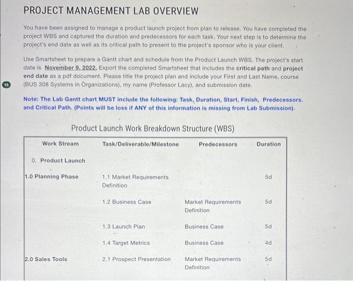 Solved PROJECT MANAGEMENT LAB OVERVIEW You have been | Chegg.com