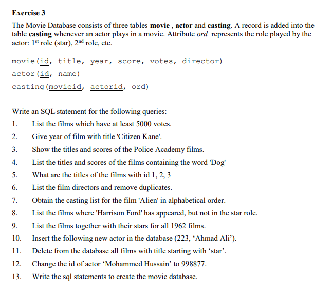 Solved Exercise 3The Movie Database consists of three tables | Chegg.com