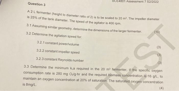 Solved A 2 L fermenter (height to diameter ratio of 2 ) is | Chegg.com