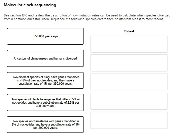 Solved Molecular clock sequencingSee section 13.6 ﻿and | Chegg.com