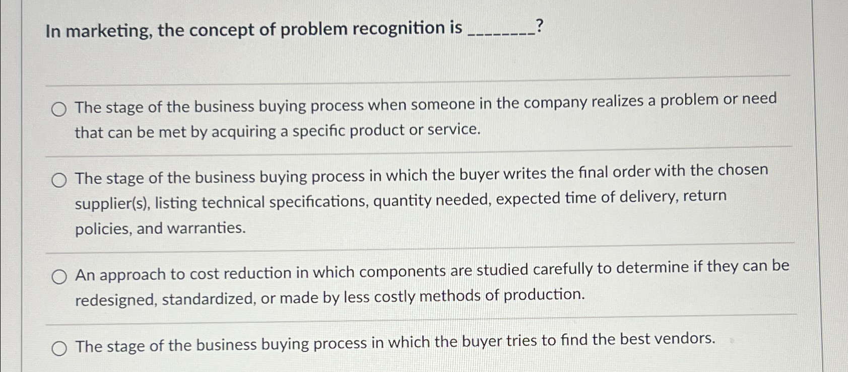 Solved In marketing, the concept of problem recognition | Chegg.com