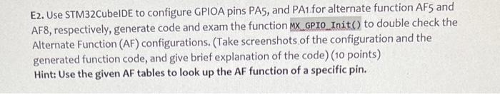 Solved E2. Use STM32CubelDE to configure GPIOA pins PA5, and | Chegg.com