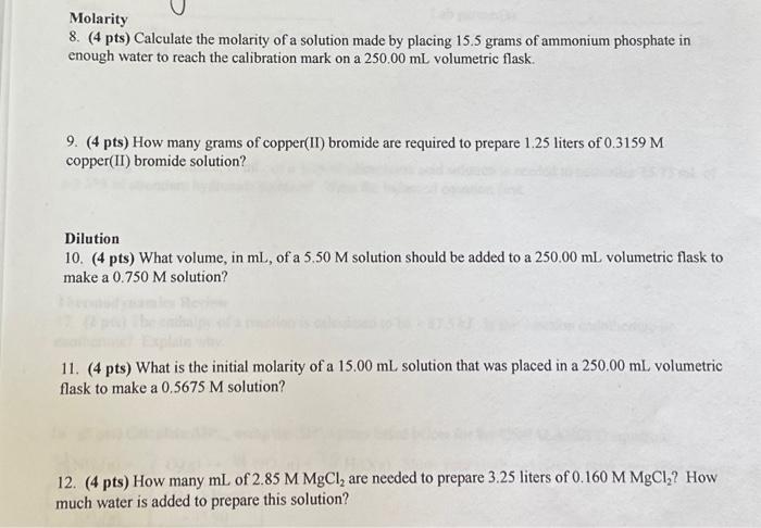 Solved Molarity 8. (4 pts) Calculate the molarity of a | Chegg.com