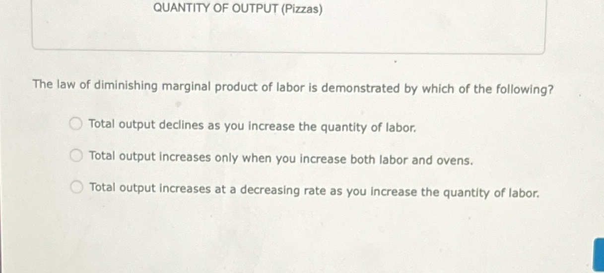 Solved QUANTITY OF OUTPUT (Pizzas)The law of diminishing | Chegg.com